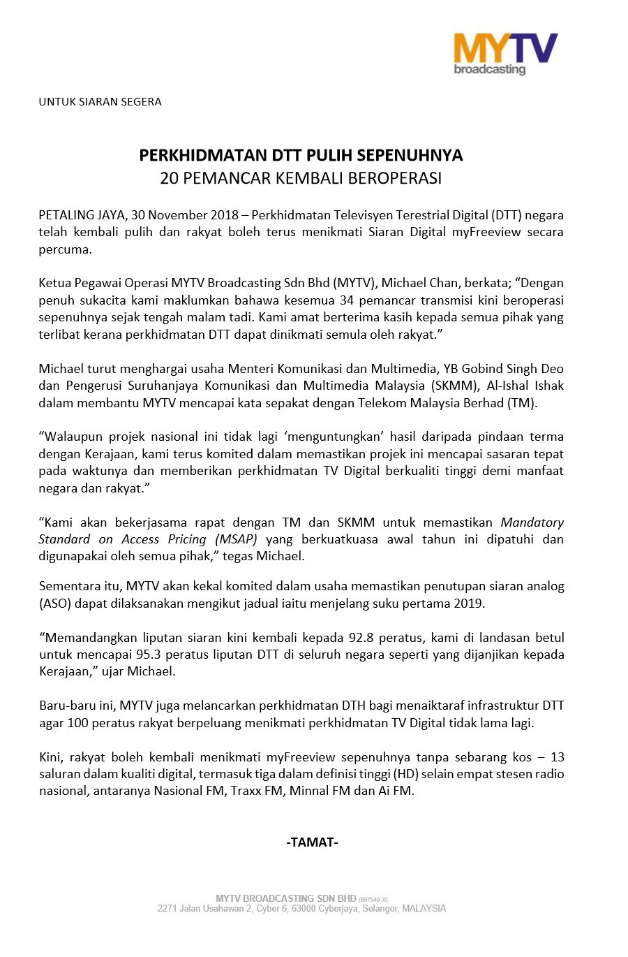 MYTV Digital TV service restored nationwide - SoyaCincau