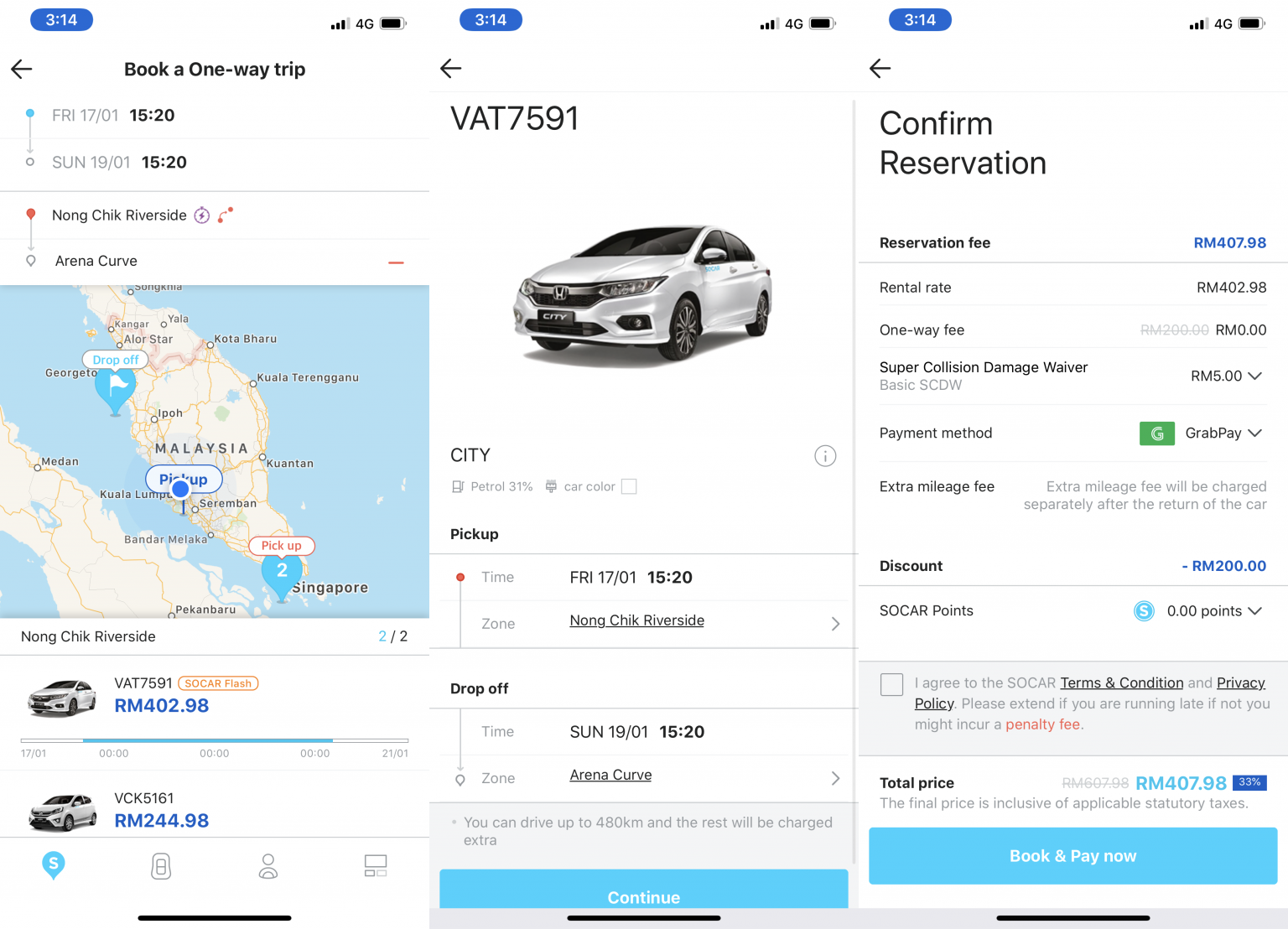 You can now book a Socar for a One-way trip between KL, JB and Penang ...