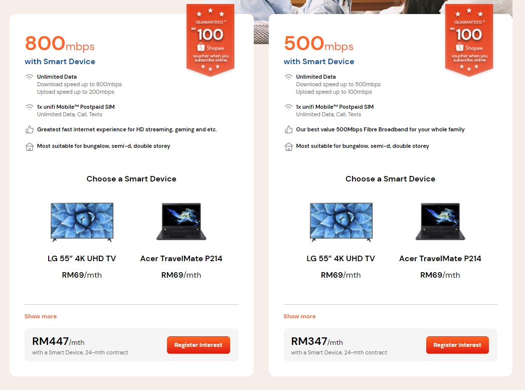 Unifi offers 55" 4K TV or Acer Laptop from RM69/month with your fibre ...