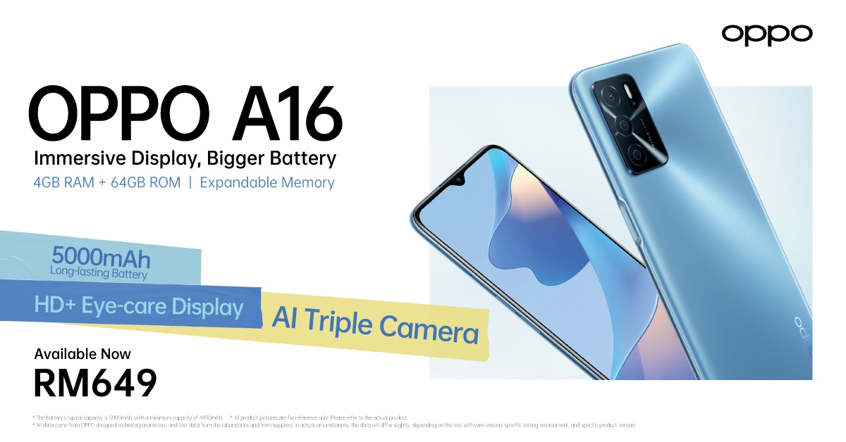 Oppo A16 with 4GB RAM and 64GB storage is now available in Malaysia ...