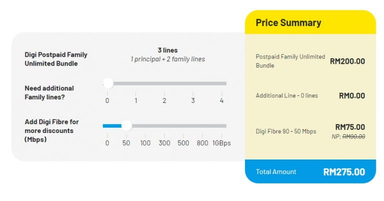 Digi offers 3 lines with unlimited data for RM200/month, add 300Mbps fibre broadband for RM100 ...