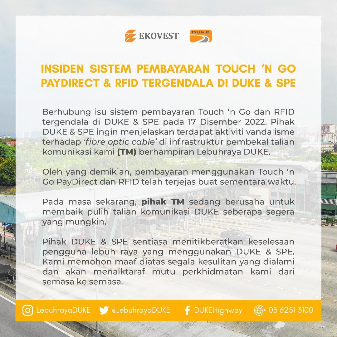 RFID and PayDirect systems are down at DUKE and SPE due to fibre optic ...