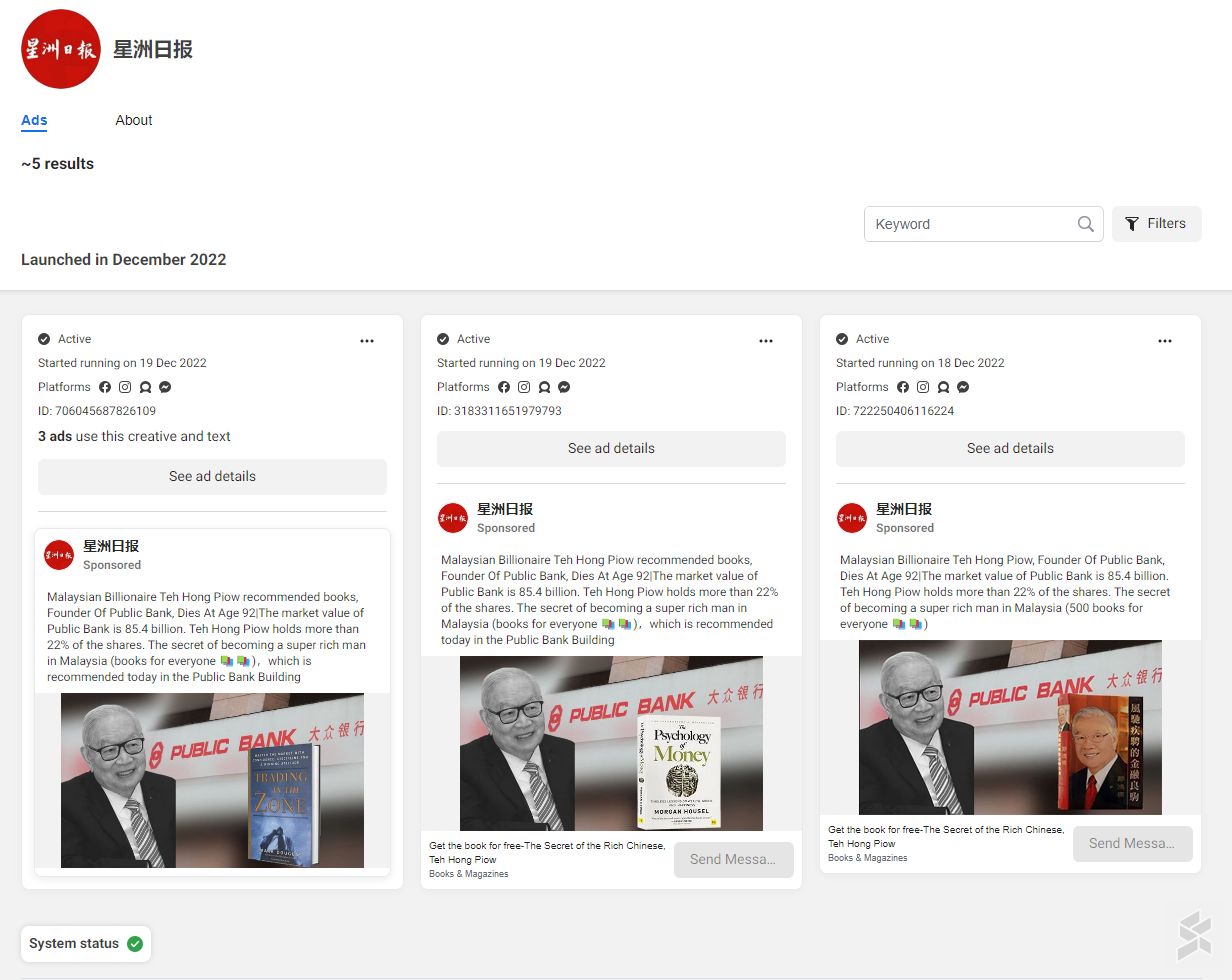 Facebook allows scam ads claiming to offer Teh Hong Piow's book for ...