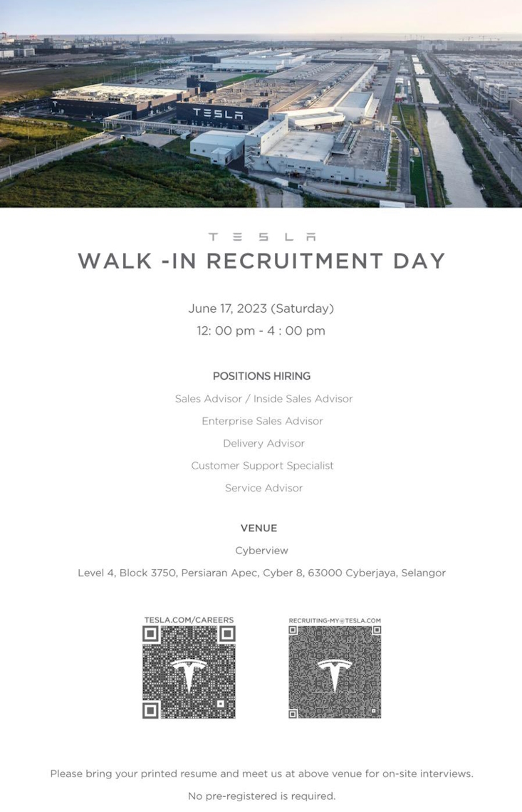 Tesla Malaysia is having its walk-in recruitment day on 17 June in ...
