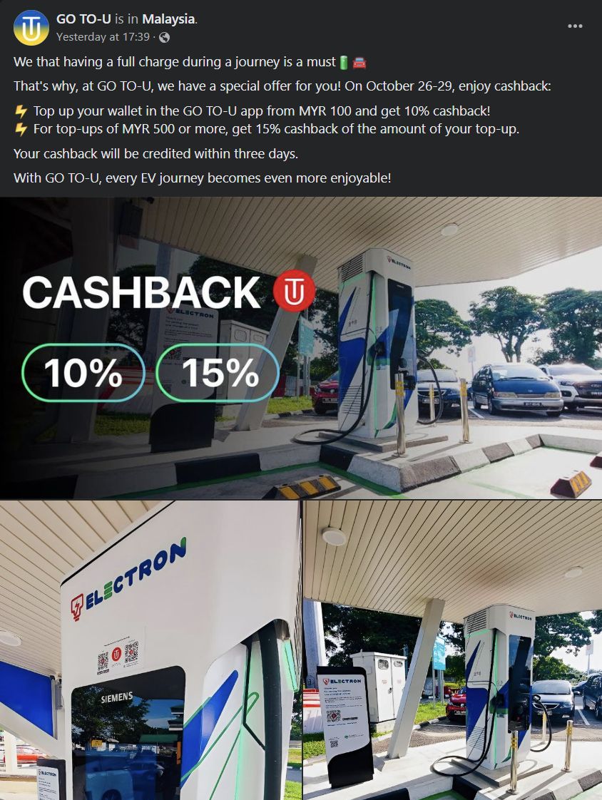 Deal: Go To-U offers up to 15% cashback for EV charging credit top-up ...