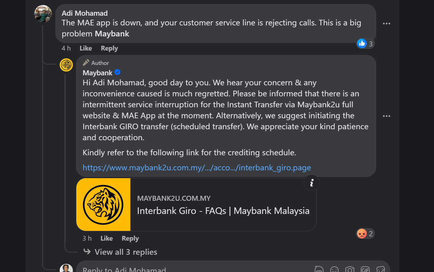Maybank2u and MAE app faced prolonged service disruptions