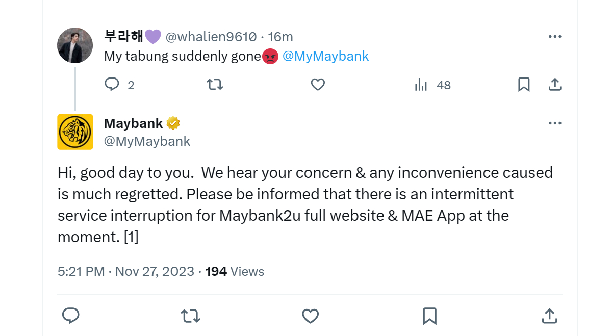 Maybank2u and MAE app faced prolonged service disruptions