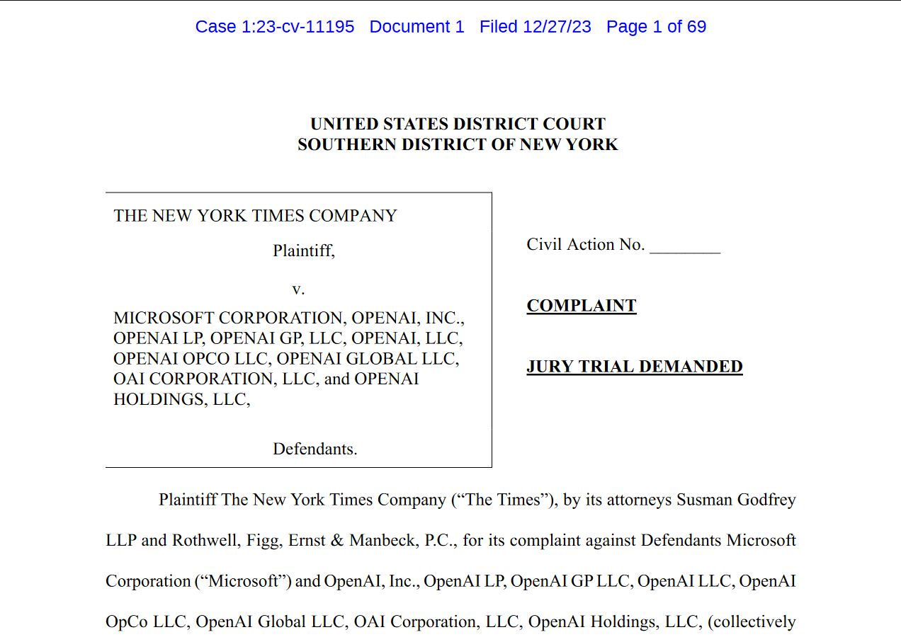 NYT is suing Microsoft and OpenAI for copyright infringement