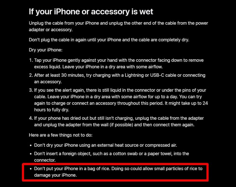 Apple warns against putting wet iPhone in bag of rice