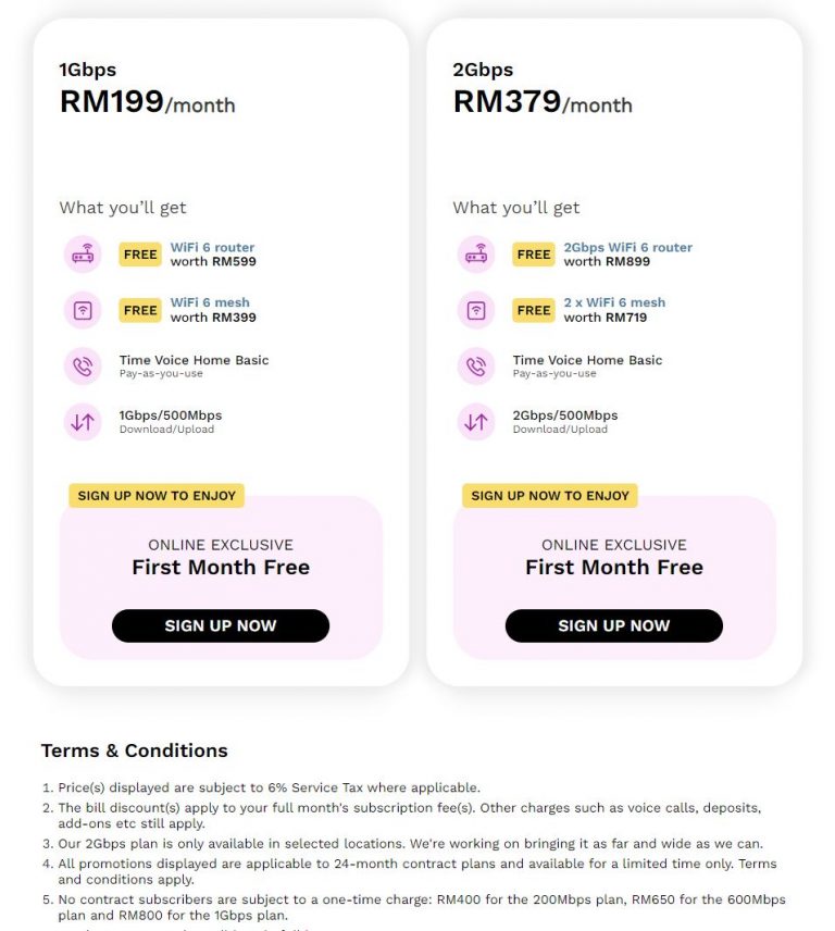 Time Fibre Broadband: 200Mbps for RM99, 600Mbps for RM139