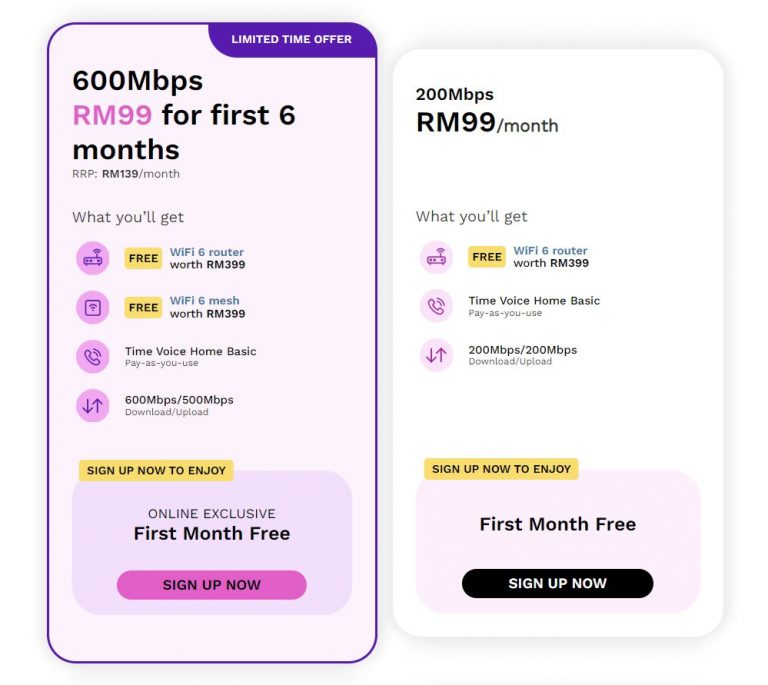 Time Fibre Broadband: 200Mbps for RM99, 600Mbps for RM139