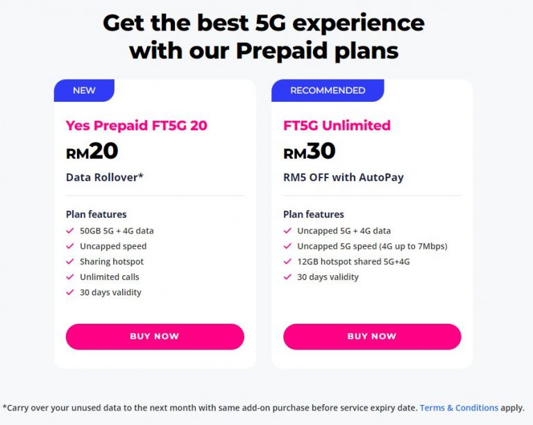 Yes Prepaid FT5G 20: 50GB data with data rollover for RM20/month ...