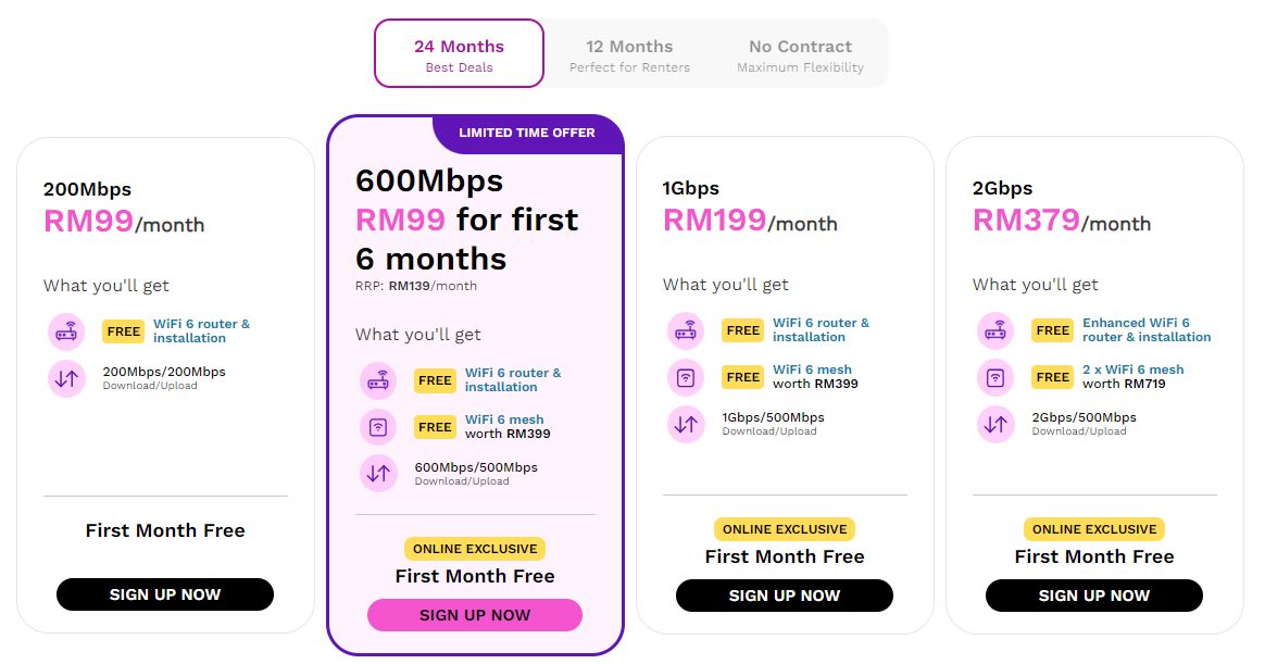 Time Fibre Broadband: 12-month contract from RM119/month