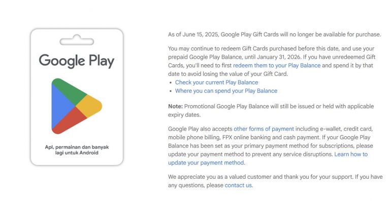 No more Google Play Gift Cards in Malaysia from 15 June 2025