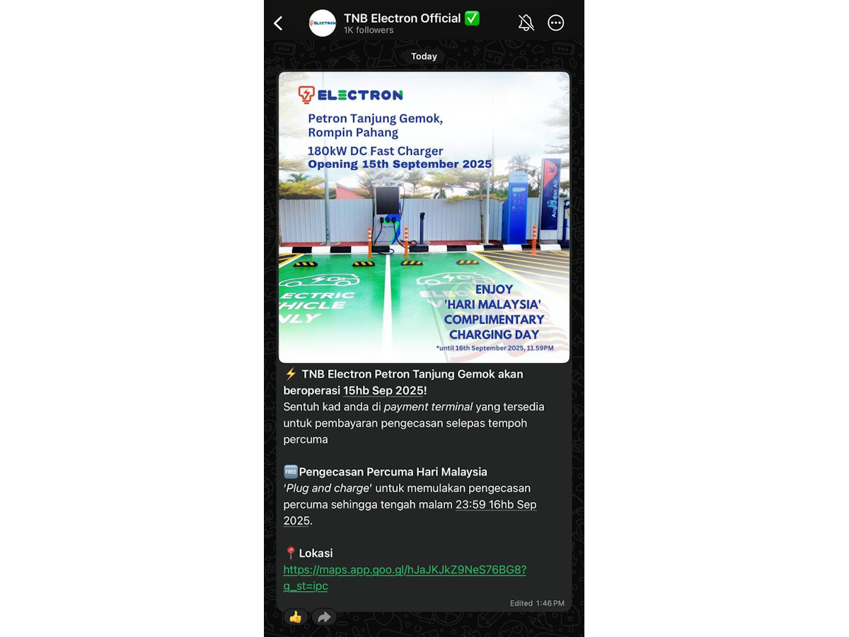 TNB Electron Petron Tanjung Gemok EV charger to go live on 15 Sept: Free charging for a limited ...