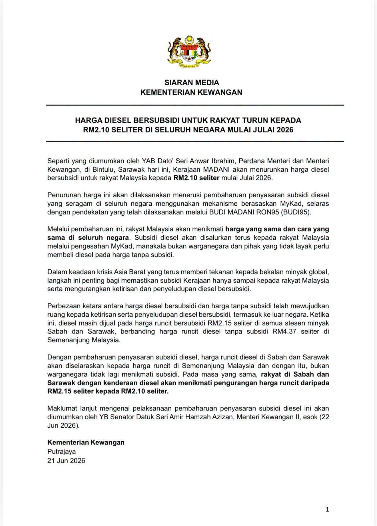 Malaysia’s subsidised diesel price drops to RM2.10/L from July 2026 ...