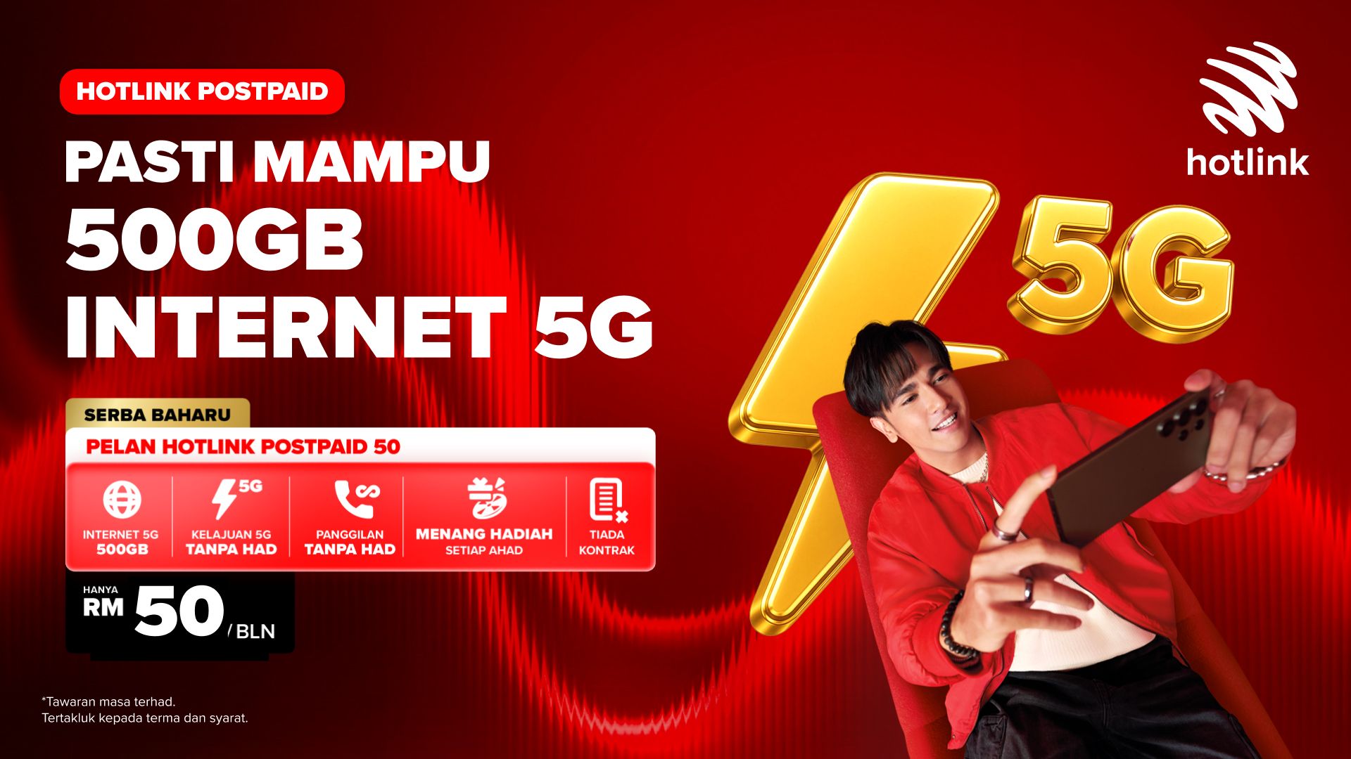 Hotlink Postpaid 50: 500GB uncapped 5G speed for RM40/month